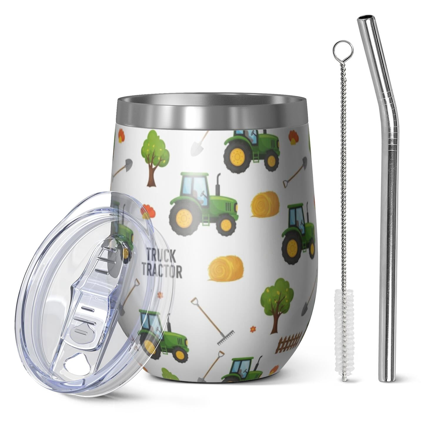 12oz Stemless Wine Tumblers Cartoon Tractors Hay Bales White Pattern ...