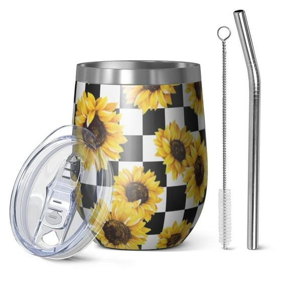 12oz Stemless Wine Tumblers Checkerboard Sunflower Pattern Vacuum ...