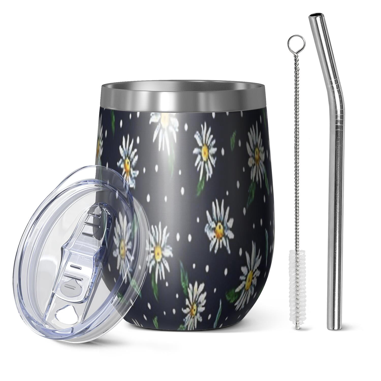 12oz Stemless Wine Tumblers Dark Blue Daisy Flower Pattern Vacuum ...