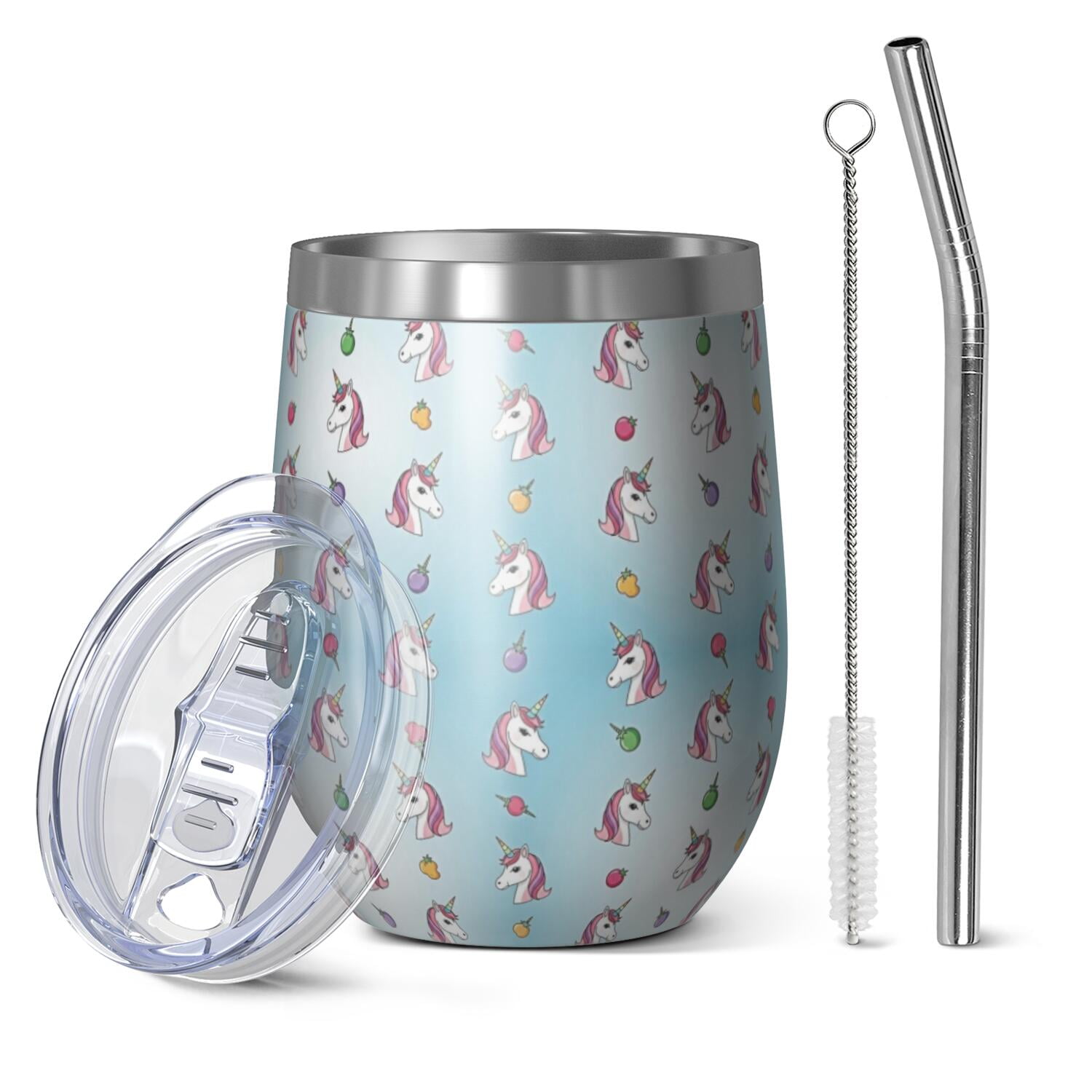 12oz Stemless Wine Tumblers Light Blue Cartoon Unicorn Head with Fruit ...