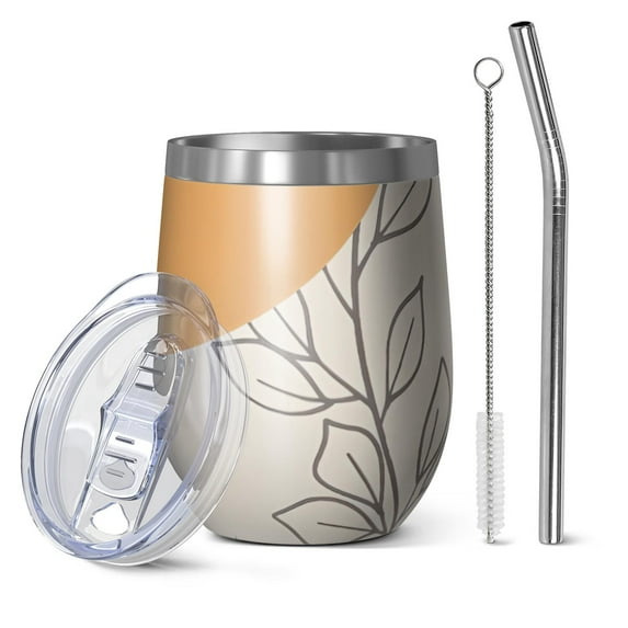 12oz Stemless Wine Tumblers Orange Boho Plant Pattern Vacuum Insulated ...