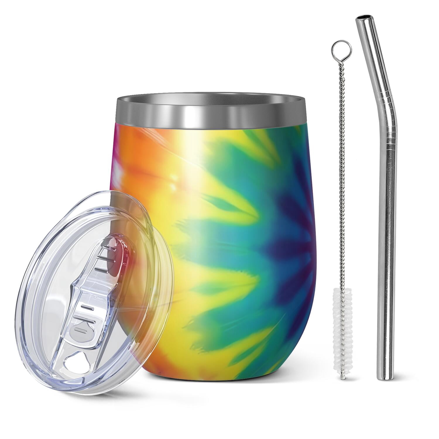 12oz Stemless Wine Tumblers Rainbow Tie Dye Mandala Pattern Vacuum ...