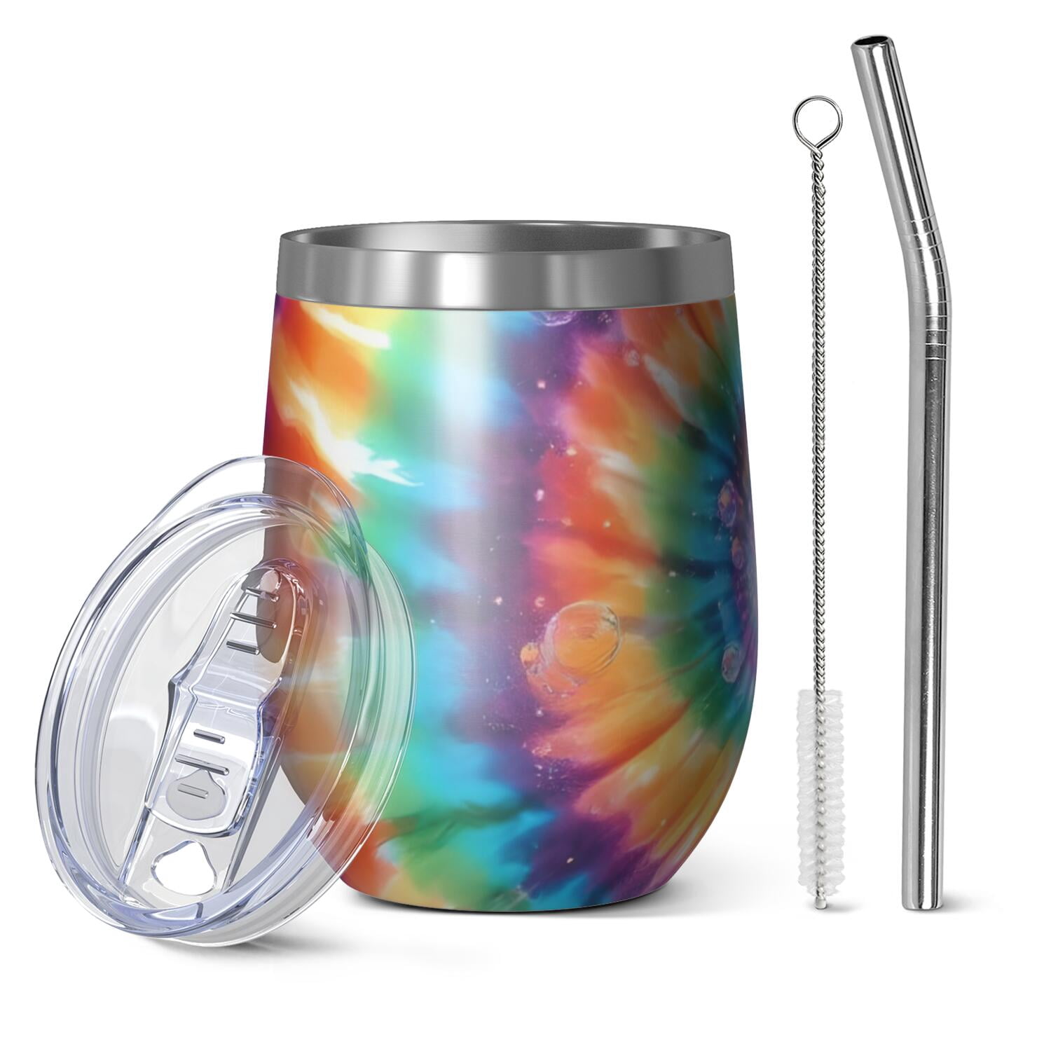 12oz Stemless Wine Tumblers Rainbow Tie Dye Mandala Pattern Vacuum ...