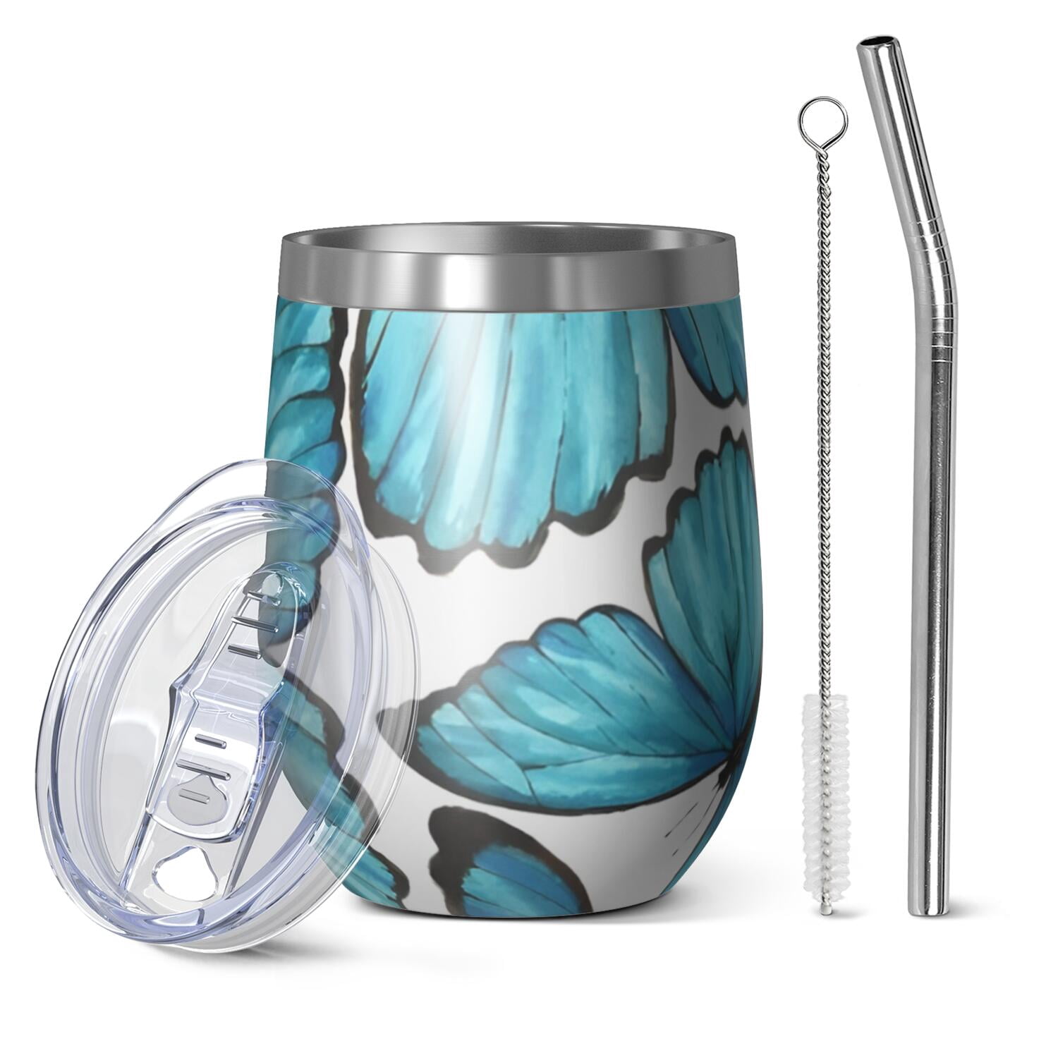 12oz Stemless Wine Tumblers White Blue Butterfly Pattern Vacuum ...