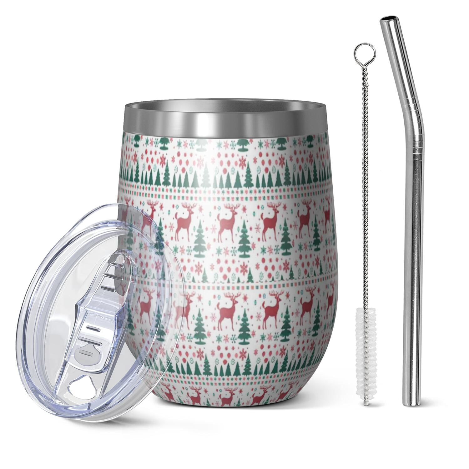 12oz Stemless Wine Tumblers White Christmas Deer and Tree Pattern ...