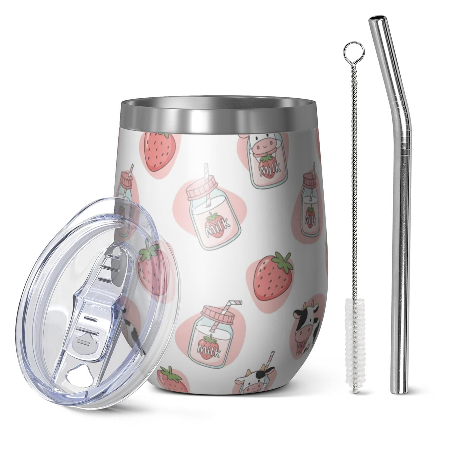 12oz Stemless Wine Tumblers White Cow Strawberry Jar Pattern Vacuum ...