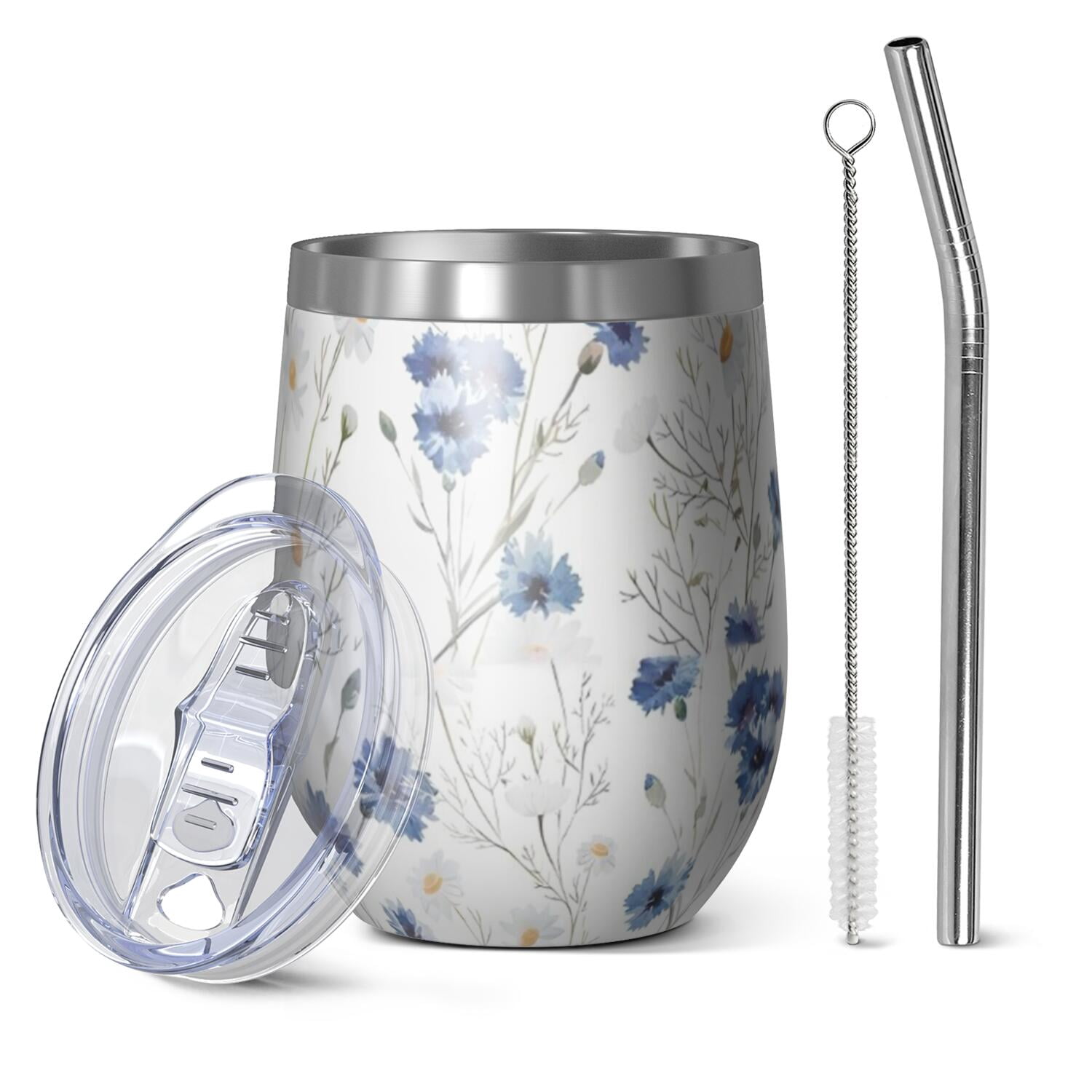 12oz Stemless Wine Tumblers White Daisy Flower Pattern Vacuum Insulated ...