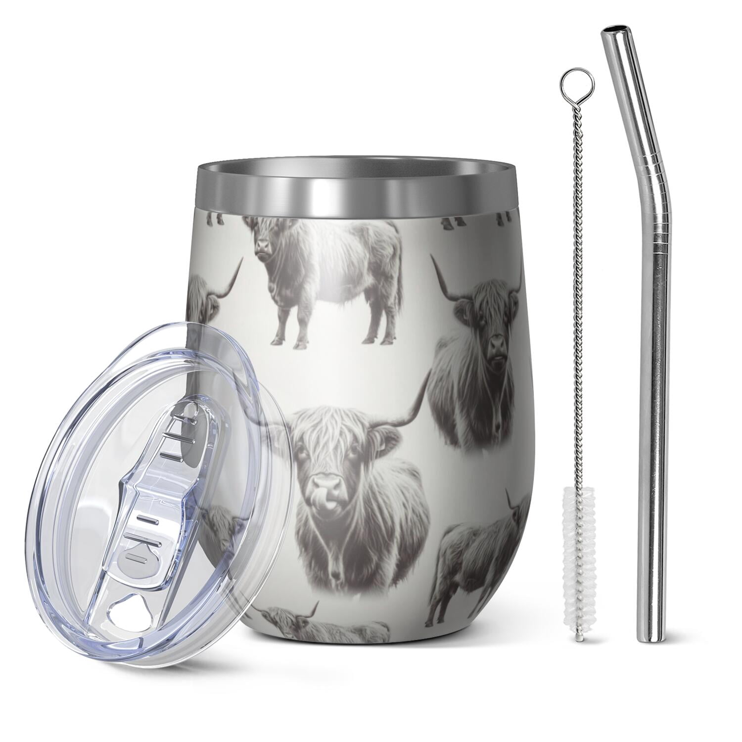 12oz Stemless Wine Tumblers White Highland Cow Sketch Pattern Vacuum ...