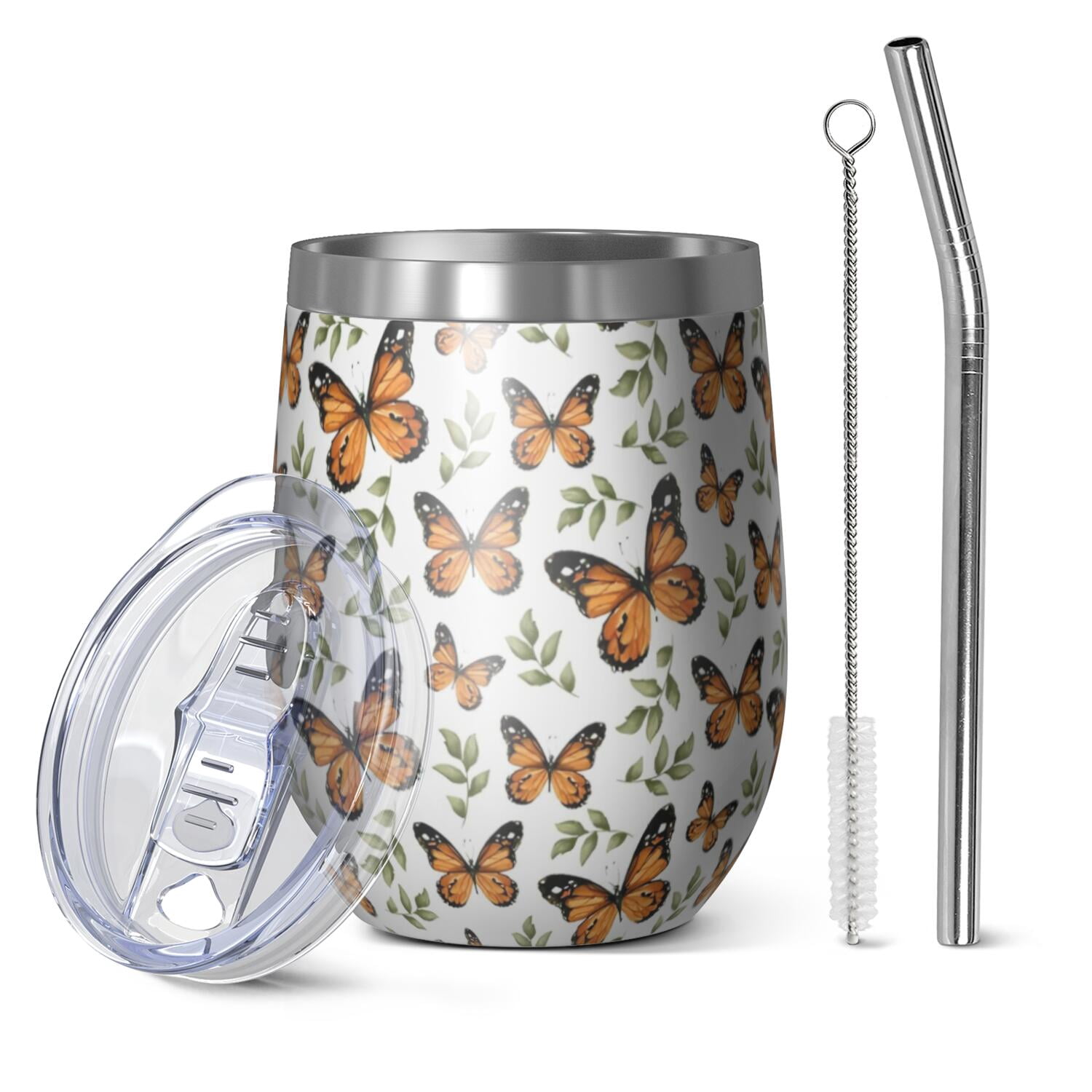 12oz Stemless Wine Tumblers White Orange Butterfly Leaf Pattern Vacuum ...