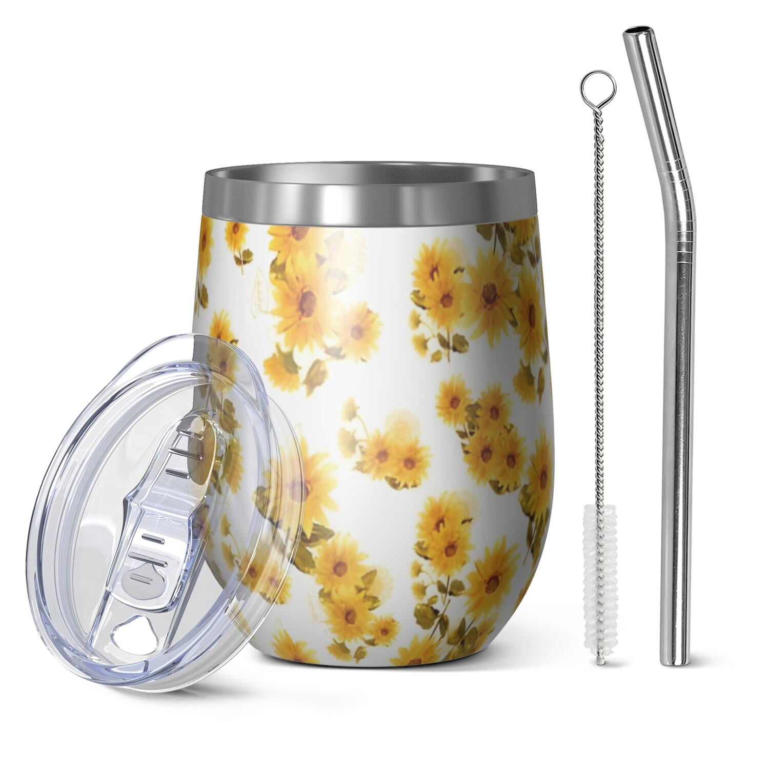 12oz Stemless Wine Tumblers White Yellow Sunflower Pattern Vacuum ...