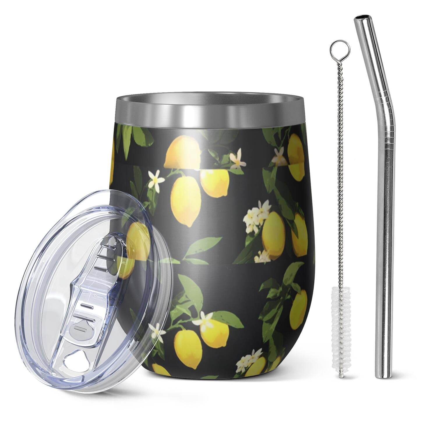 12oz Stemless Wine Tumblers Yellow Lemon Fruit Flowers Black Pattern ...