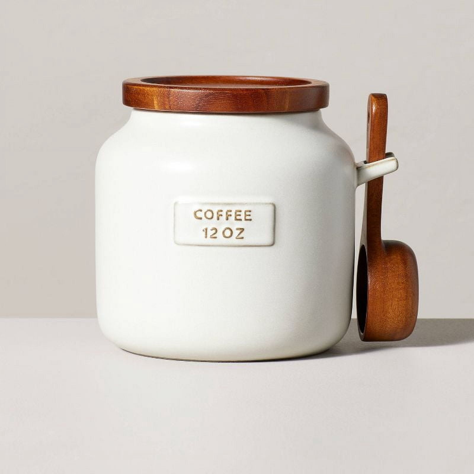 12oz Stoneware Coffee Canister with Wood Lid & Scoop Cream/Brown ...