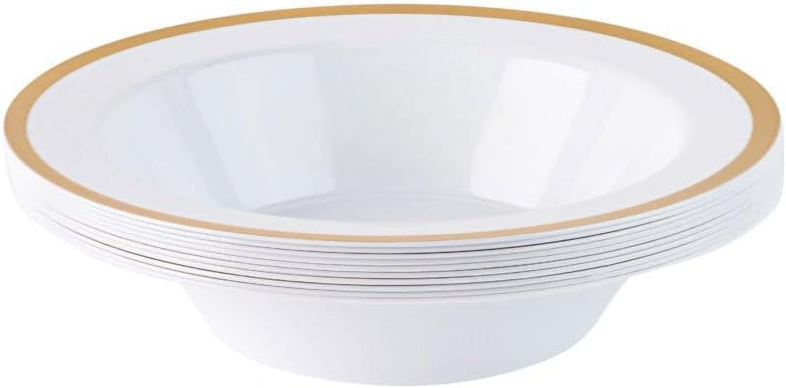 12oz White Plastic Round Bowls with Gold Rim - Wide Rimmed Disposable ...