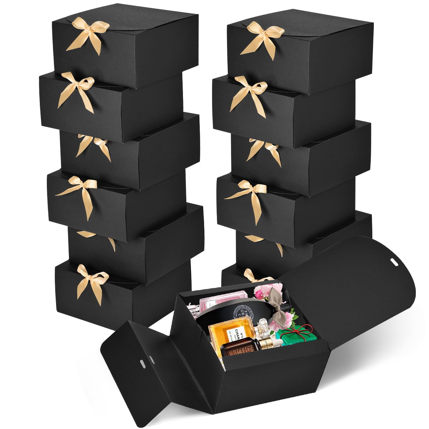 12pack Gift Boxes with Lids,Black Gift Boxes Bulk with Gold Bow Ribbon ...