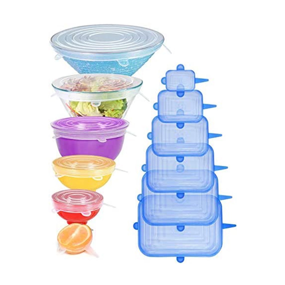 12pack Silicone Stretch Lids 6 Clear Round 6 Blue Rectangle, Magic Lids ...