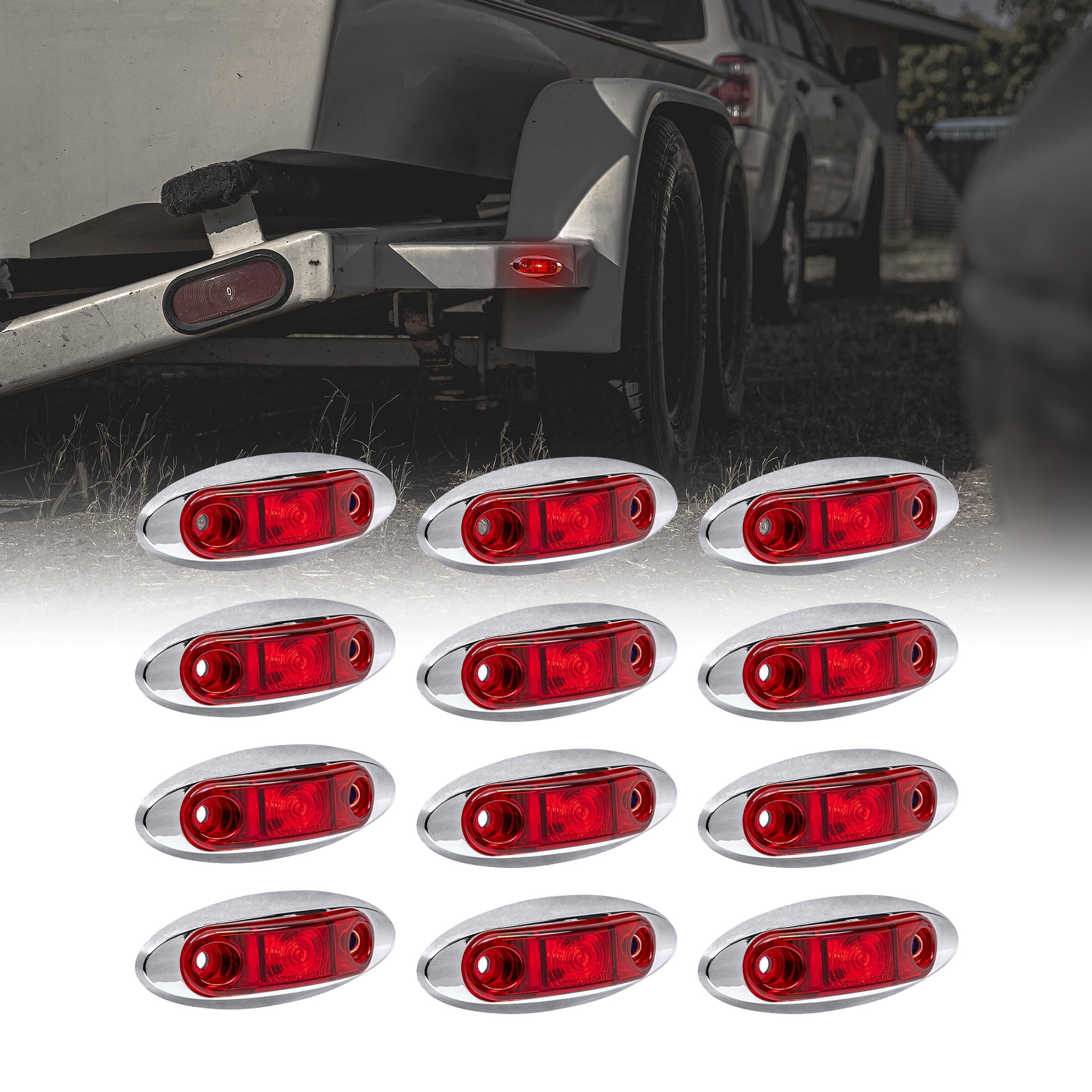 12pc 2.5" Red LED Trailer Marker Light Chrome Bezel DOT FMVSS 108 SAE ...