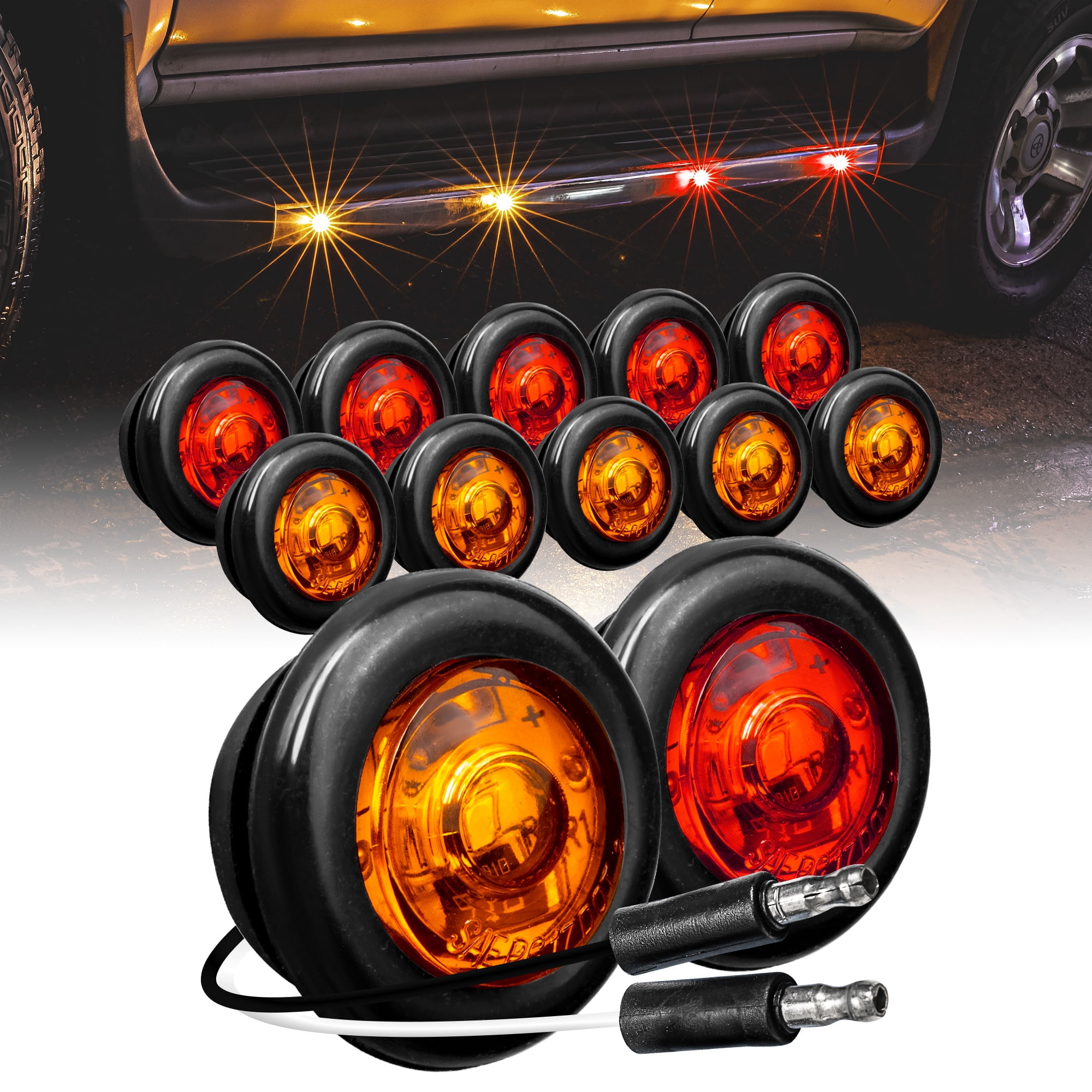 12pc 3/4" Round Amber + Red Trailer LED Marker Light [DOT FMVSS 108 ...