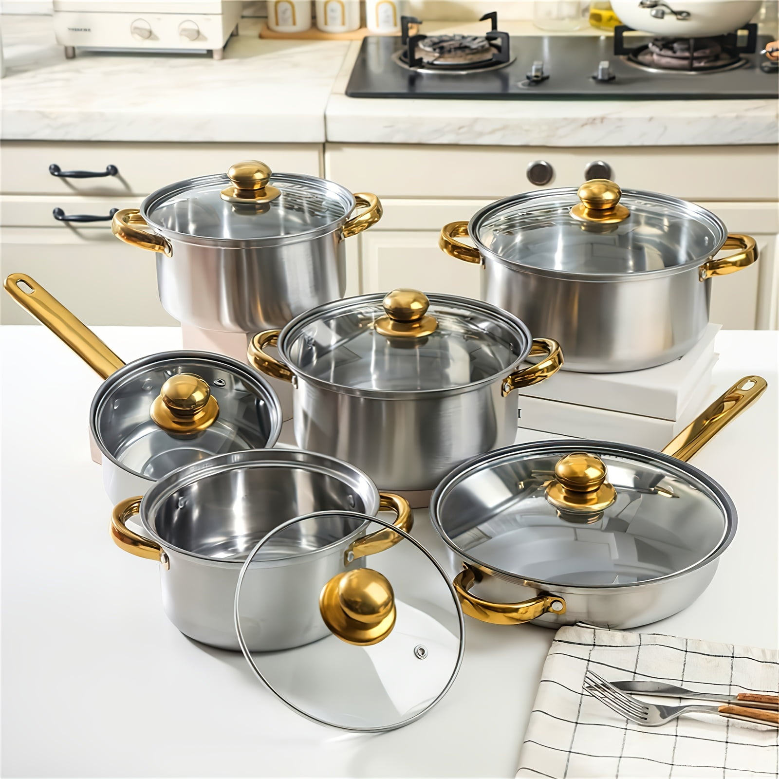 12pc Stainless Steel Cookware Set (6 Pots + 6 Glass Lids), Frying Pan ...