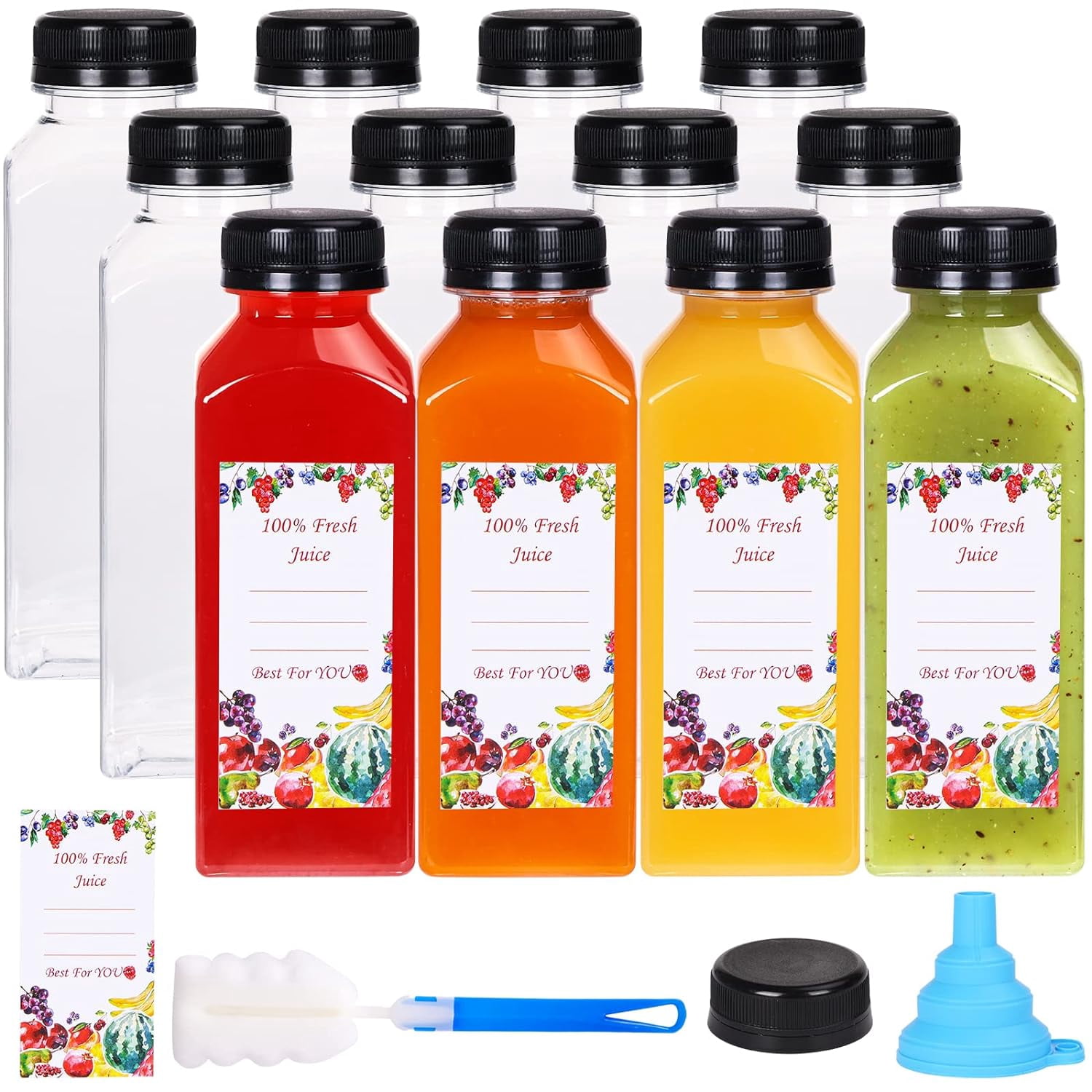 12pcs 12oz Empty Plastic Juice Bottles with Caps, Clear Bulk Drink ...