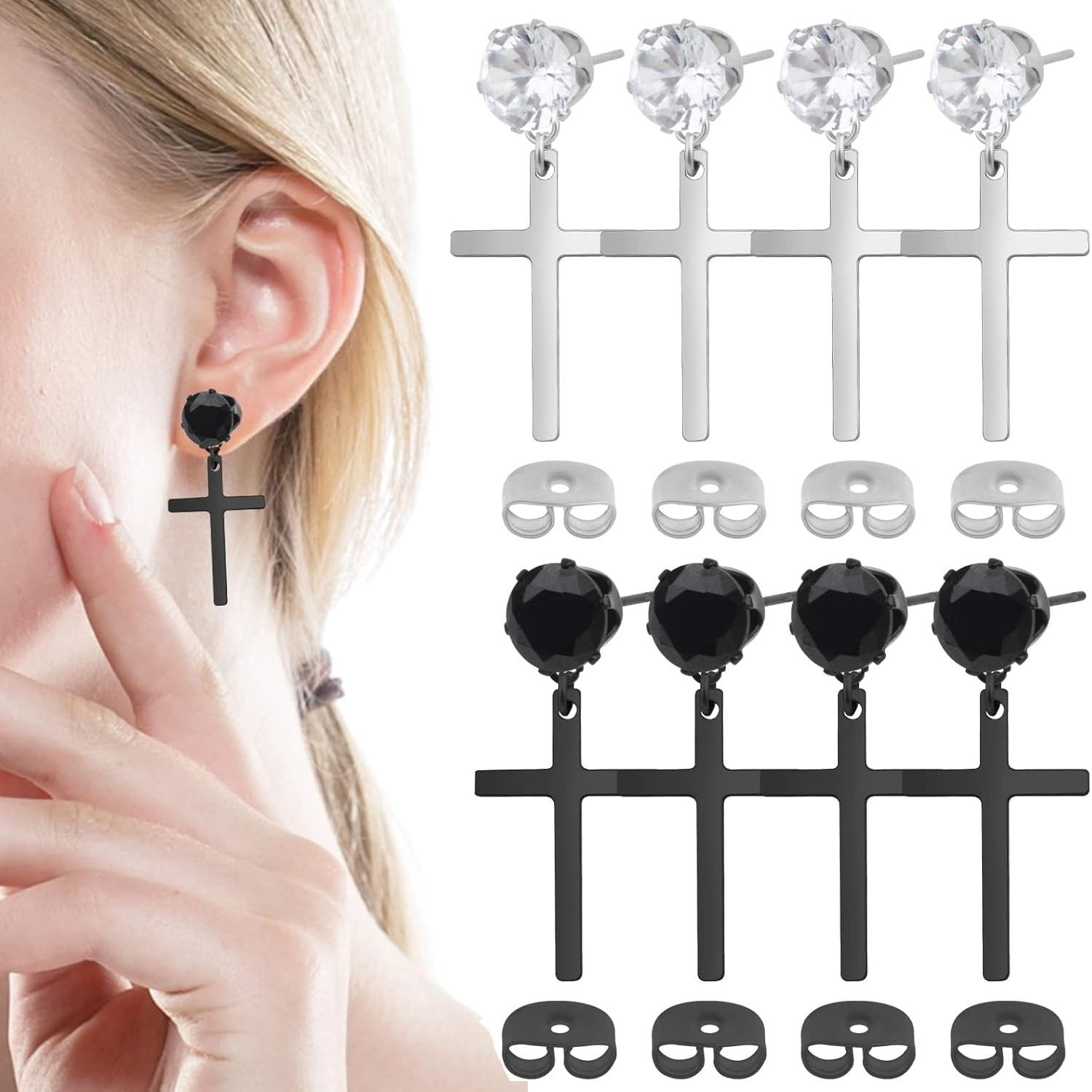 12pcs 2 Colors Hypoallergenic Cubic Zirconia Cross Stud Earrings ...