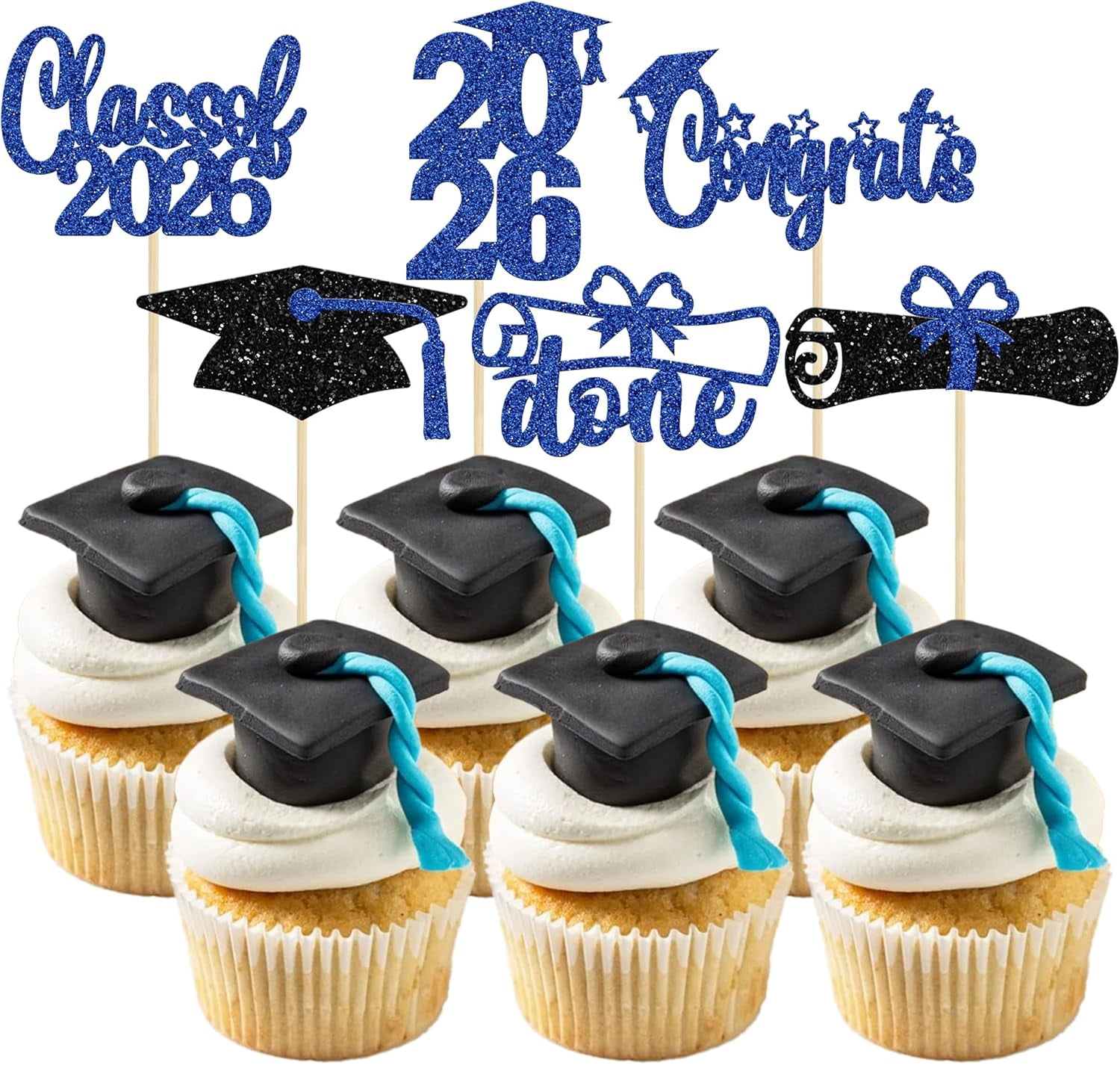 12pcs 2026 Graduation Cupcake Toppers, Blue Glitter Class of 2026 ...