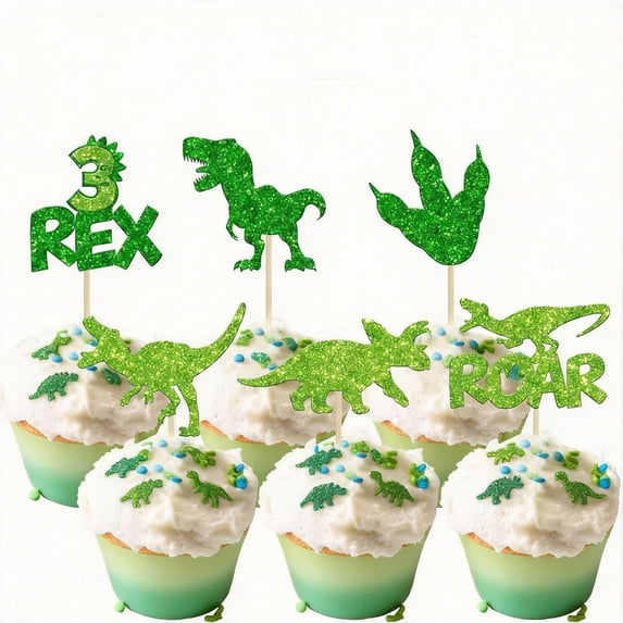 12pcs 3rd Birthday Dinosaur Cupcake Toppers, Green Glitter "3 Rex" Roar ...