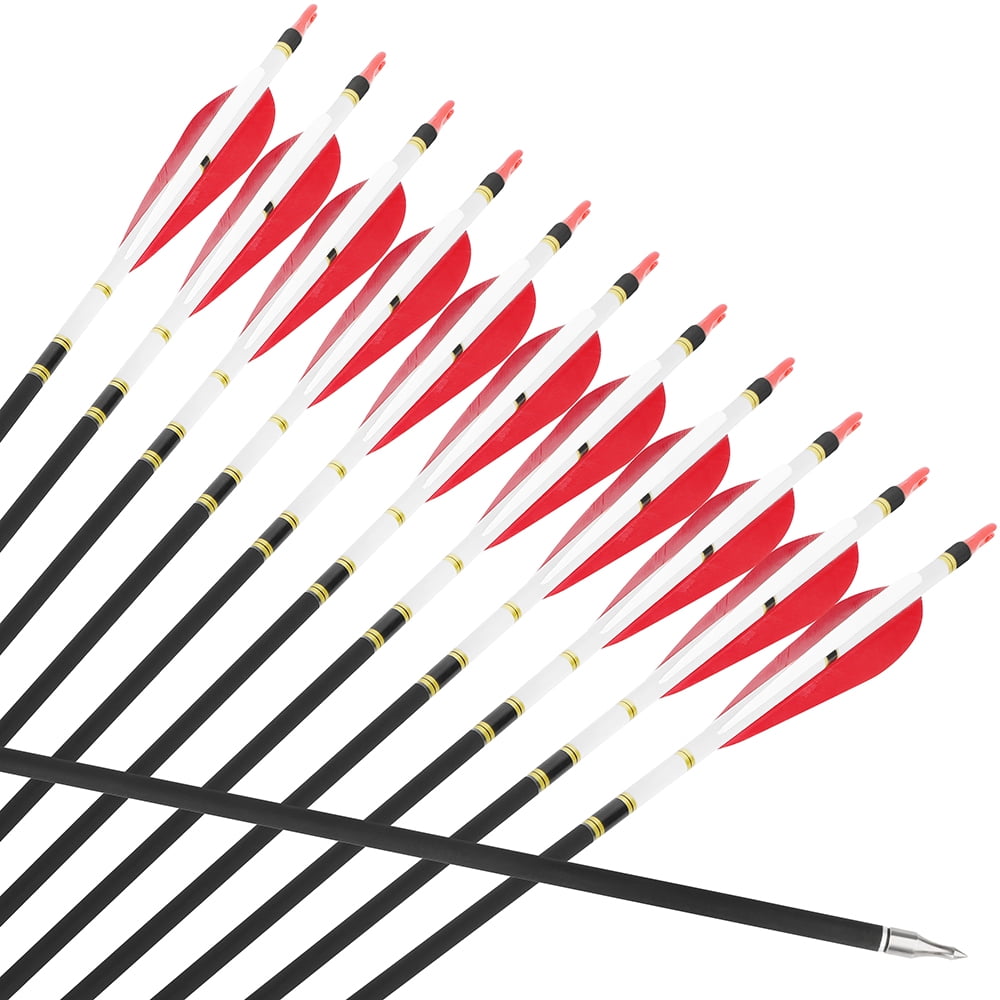 12pcs 500 Spine Mixed Carbon Arrows 2 Red 1 White Real Feather 5 ...