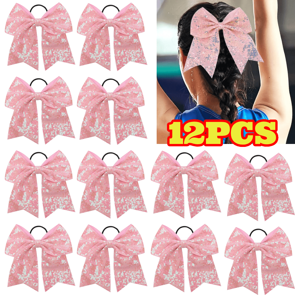 12pcs 7" Sequin Pink Cheer Hair Bows, Elastic Ponytail Holder Bands ...
