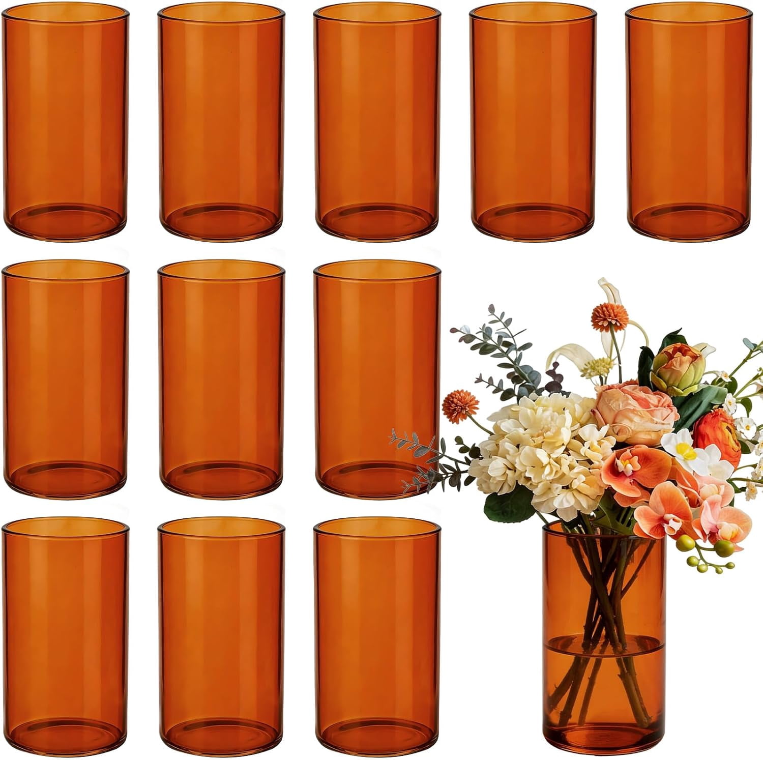 12pcs Amber Glass Cylinder Vases, 6 Inch Bulk Flower Vases for Wedding ...