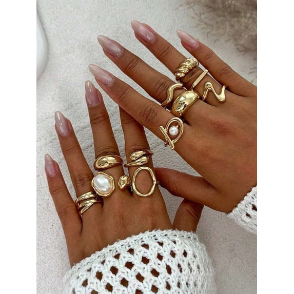 12pcs Asymmetric Faux Pearl Flower Rings, Geometric Design, Iridescent ...