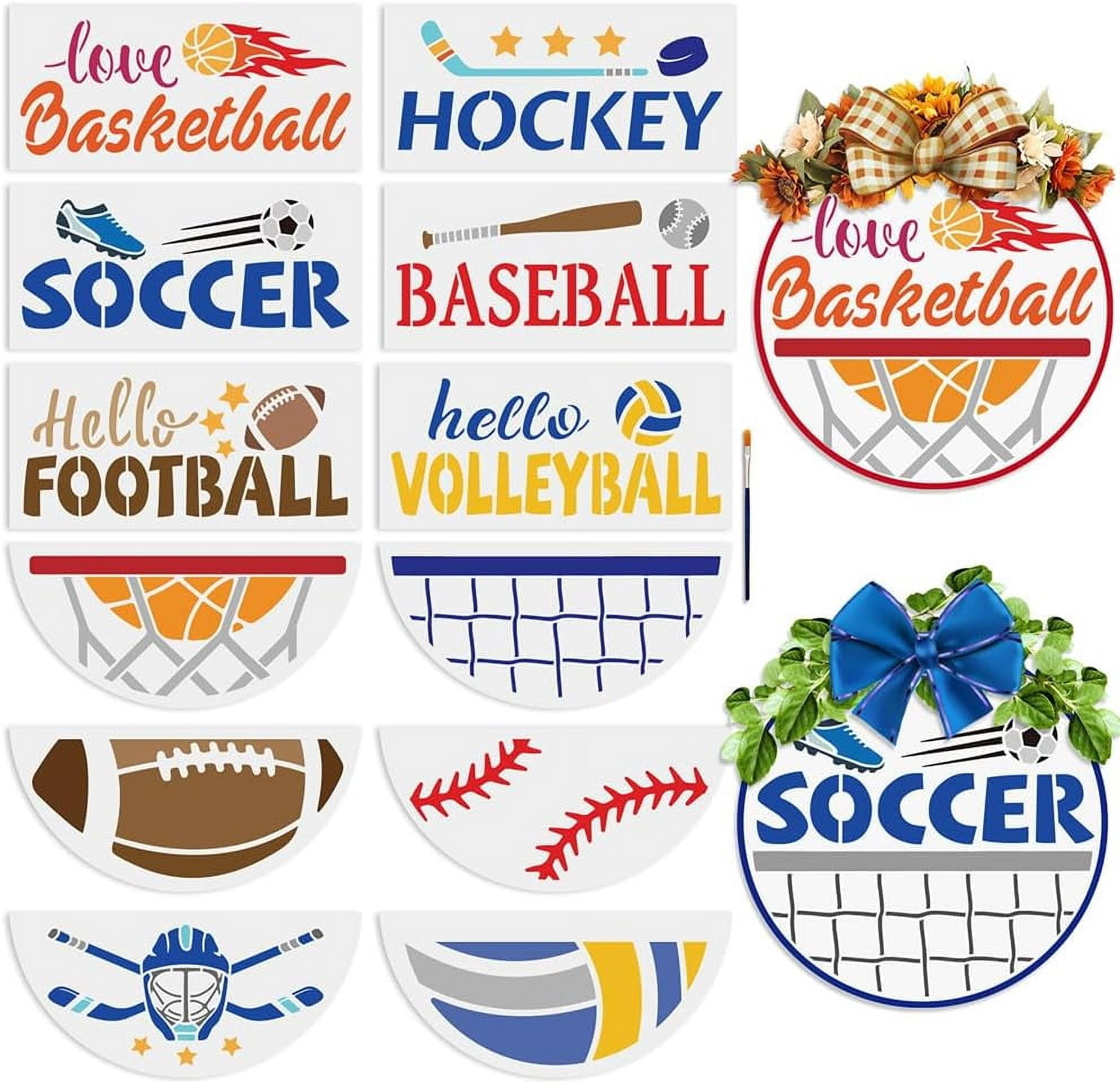12pcs Basketball Football Welcome Stencil for Painting on Wood Sports Ball Half Round Stencils ...