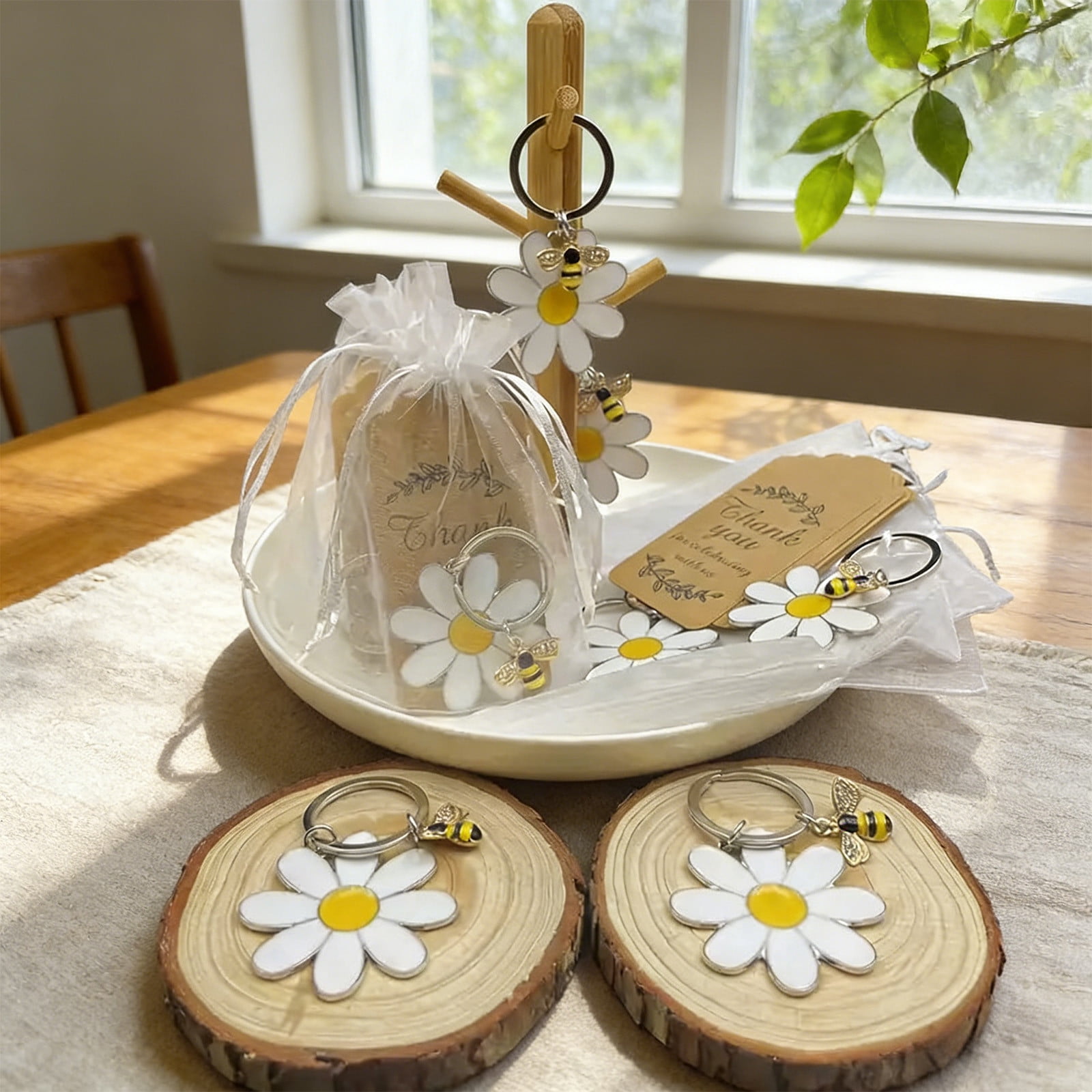 12pcs Bee Keychain with Flower Thank You Card Floral Keycharm ...