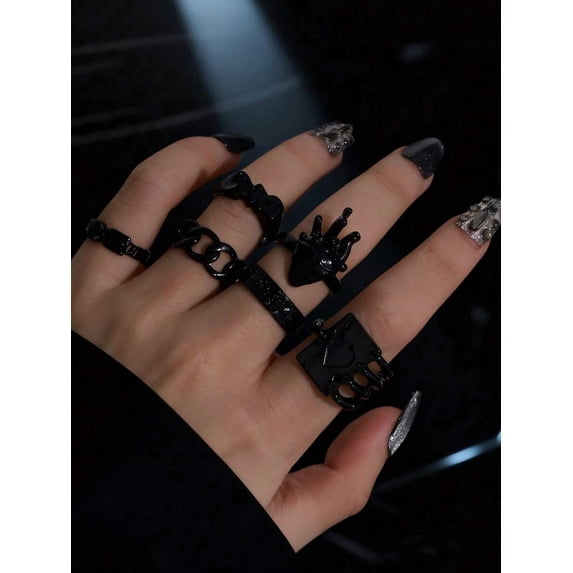12pcs Black Baroque-Style Stackable Rings Set With Heart, Claw, Chain ...