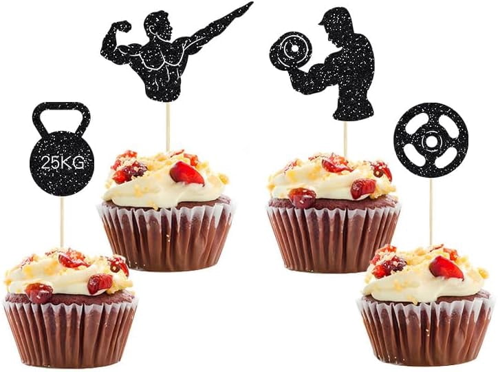 12pcs Black Glitter Gym Theme Cupcake Toppers Bodybuilder Strong Man ...