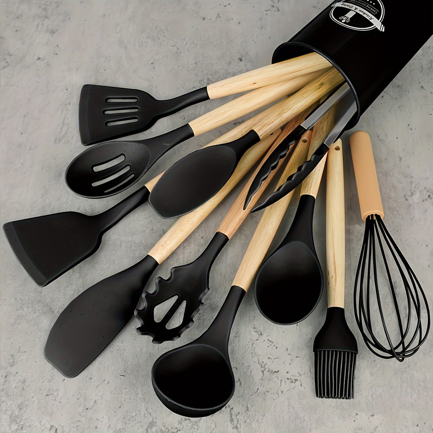 12pcs Black Silicone Kitchen Utensil Set with Wooden Handles - Modern ...