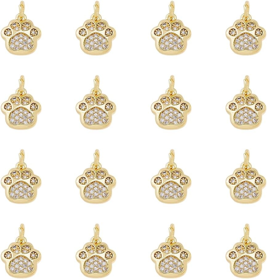 12pcs Cat Paw Print Charms Brass Cubic Zirconia Pendants Real 18K Gold ...