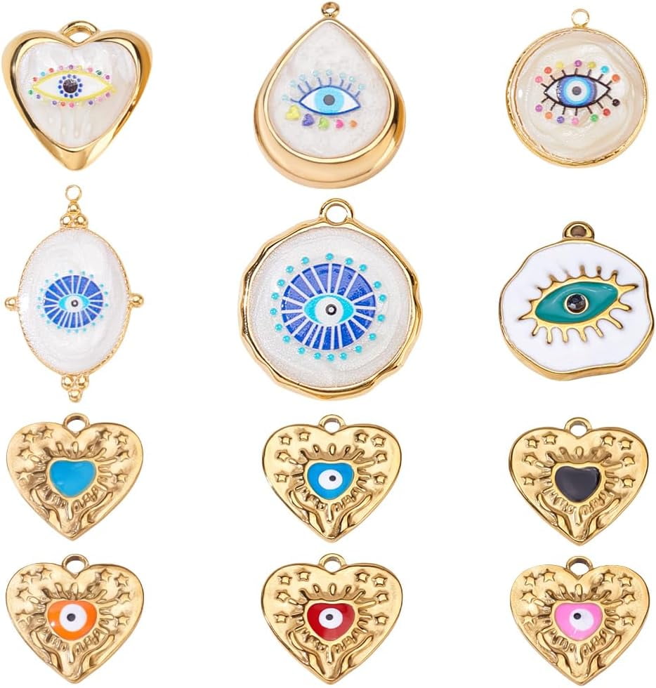 12pcs Charms 18K Gold Plated Hamsa Hand Lucky Pendants Round/Oval/Heart ...