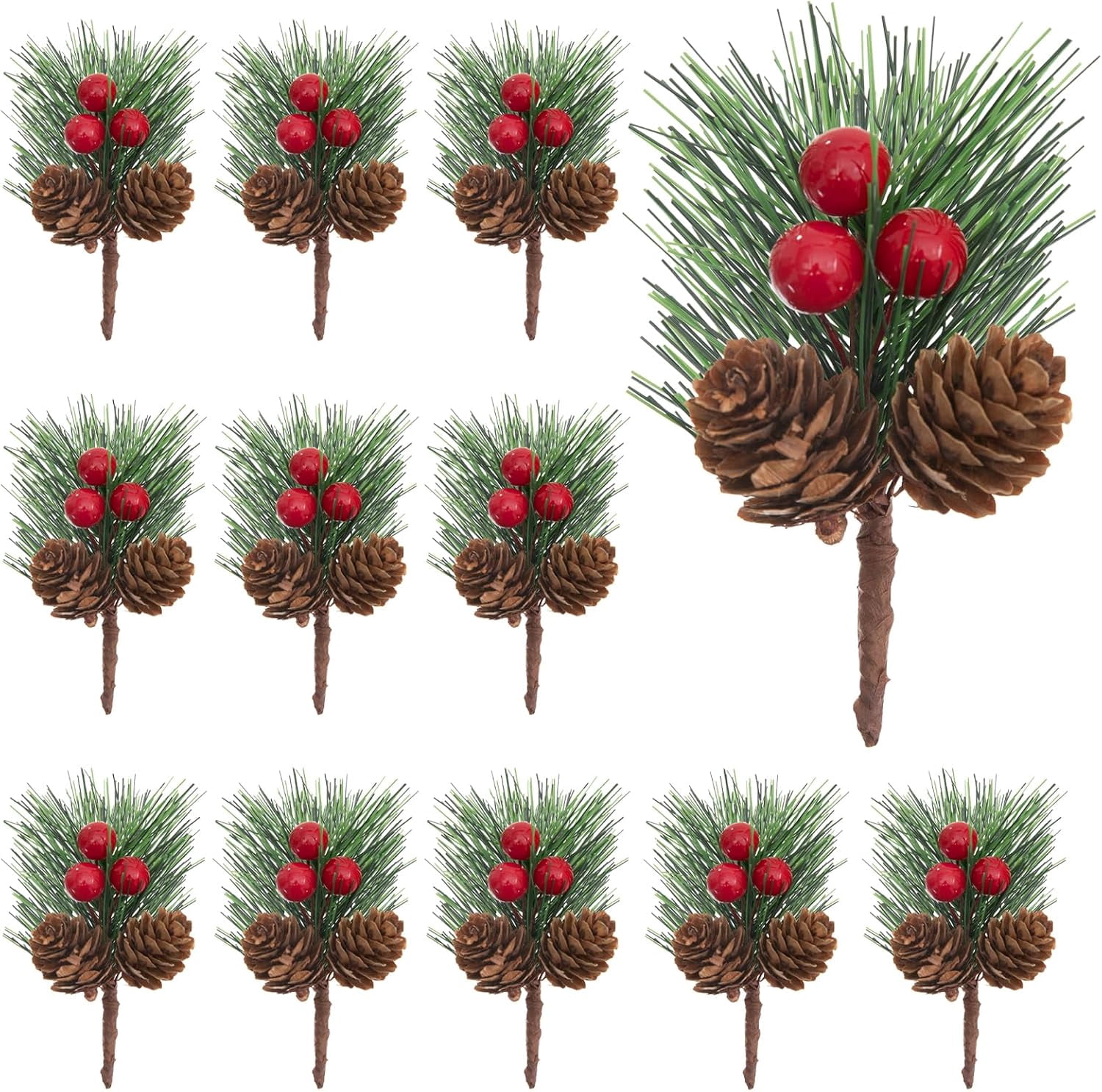 12pcs Christmas Floral Picks, Artificial Pine Pick Christmas Pinecone ...