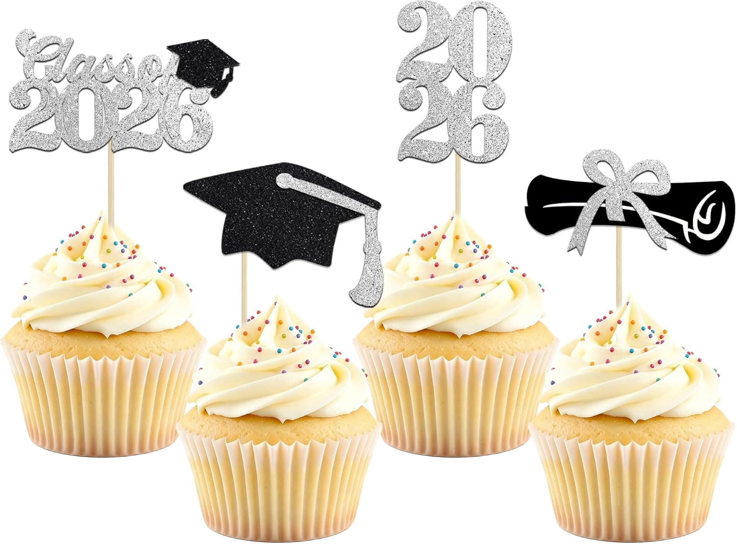 12pcs Class of 2026 Graduation Cupcake Toppers (Silver/Black Glitter ...