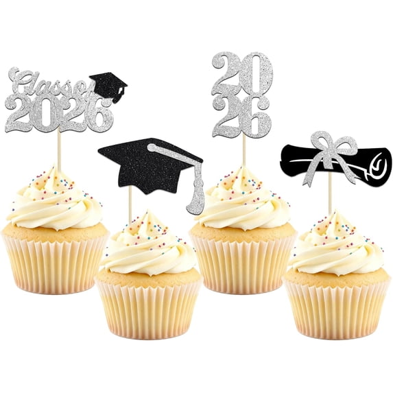 12pcs Class of 2026 Graduation Cupcake Toppers (Silver/Black Glitter ...