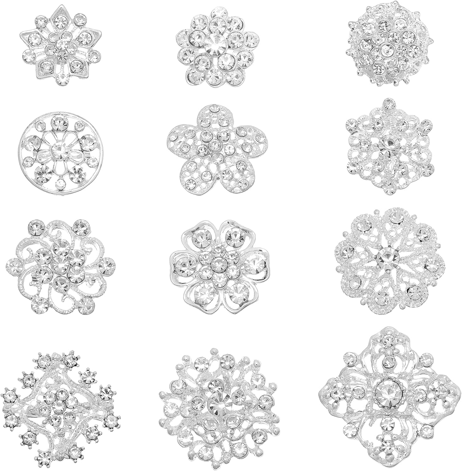 12pcs Clear Rhinestone Brooches Kit Crystal Flower Brooches Pins Silver Elegant Wreath Rhombus ...