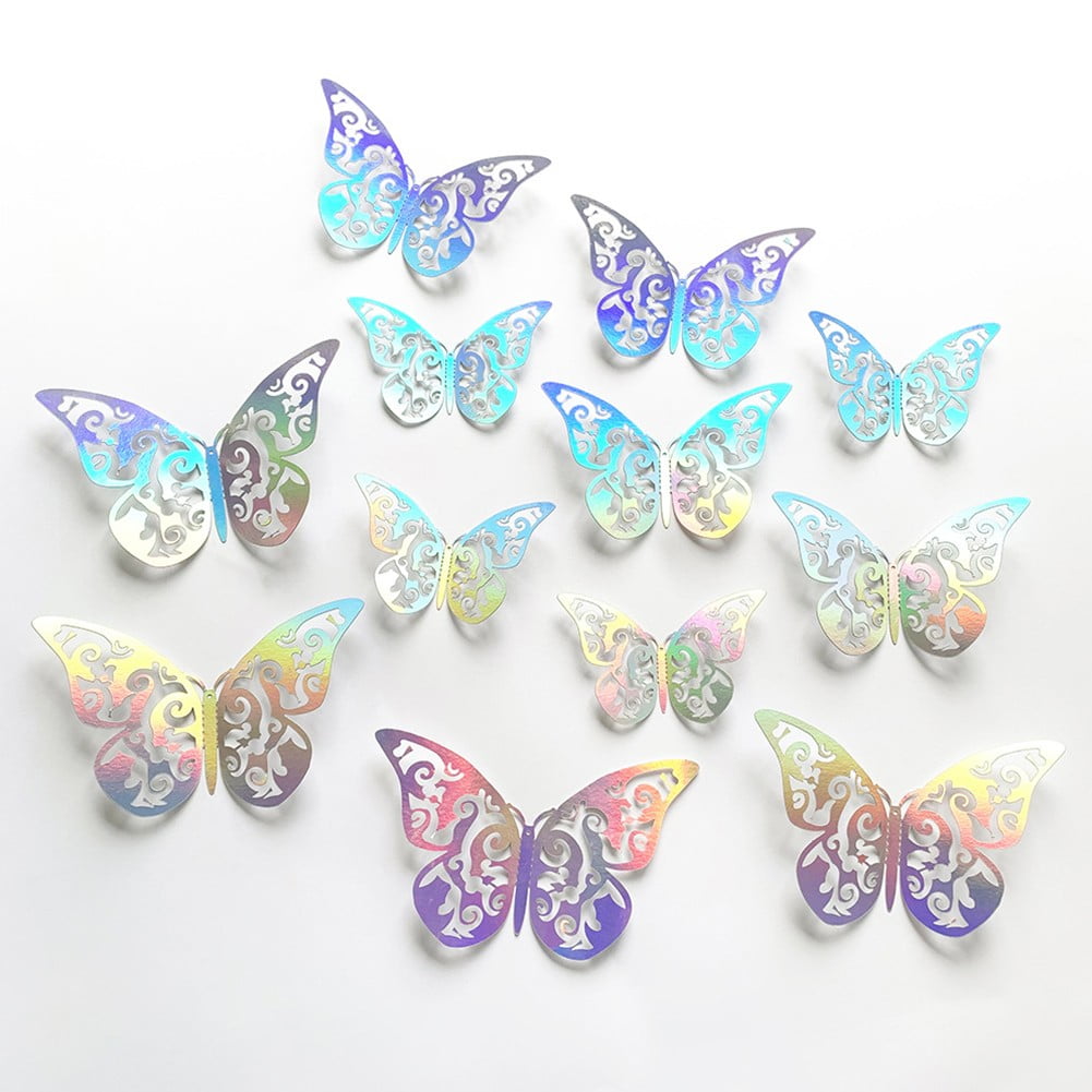 12pcs Colorful Silver Three-Dimensional Hollow Butterfly Sticker Home ...