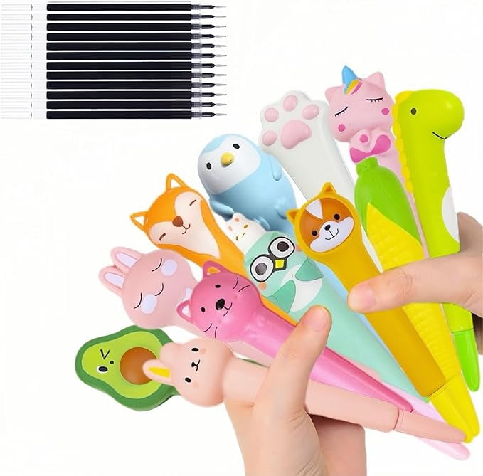 12pcs Cute Kawaii Pens For Girls Animals Fruit Shaped Stress Relief ...