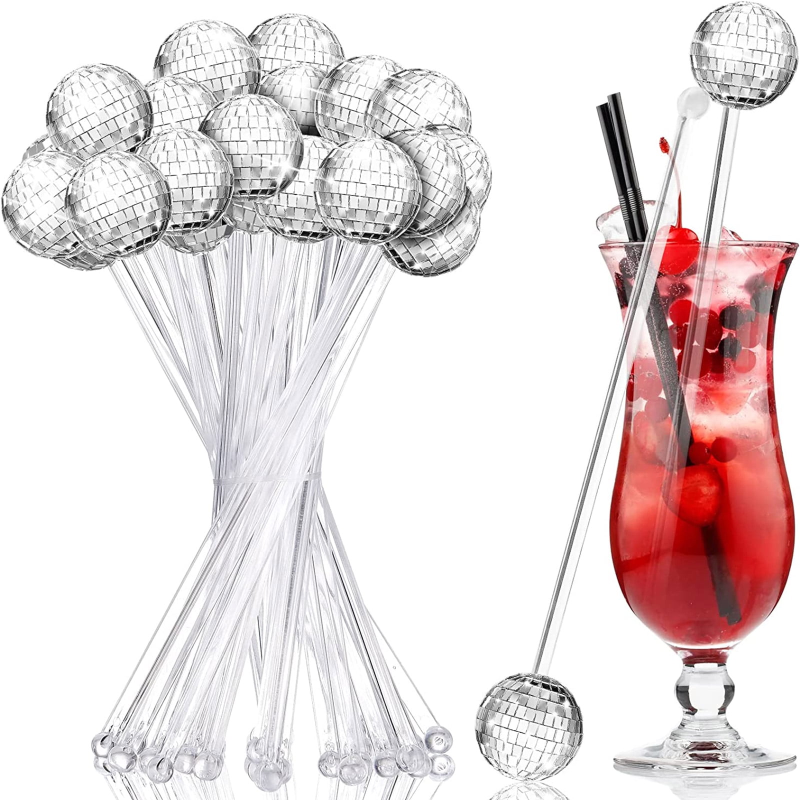 12pcs Disco Balls Cocktail Stirrers Plastic Round Top Swizzle Sticks ...