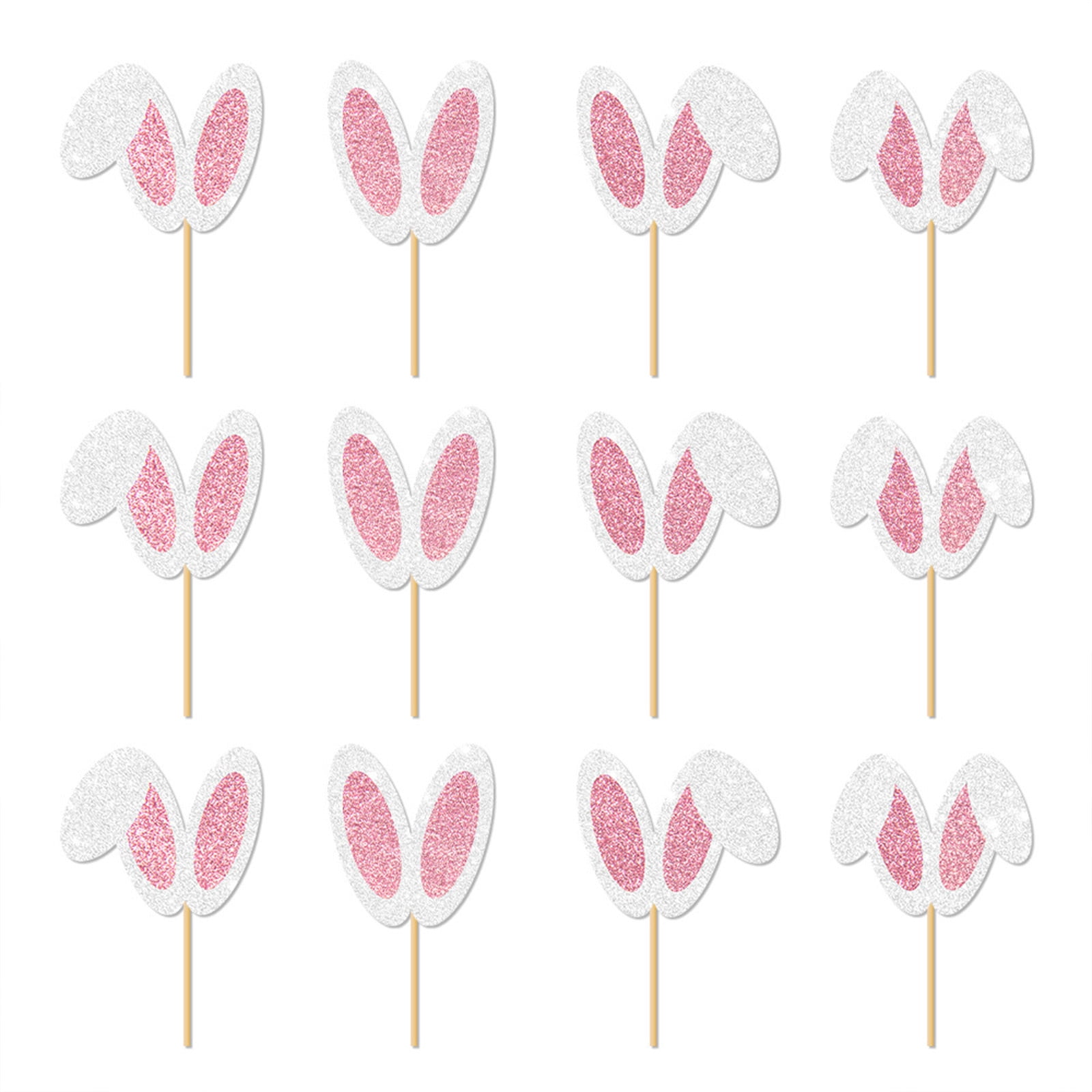 12pcs Easter Glitter Bunny Ears Flags for Cupcake Topper Decor Paper ...