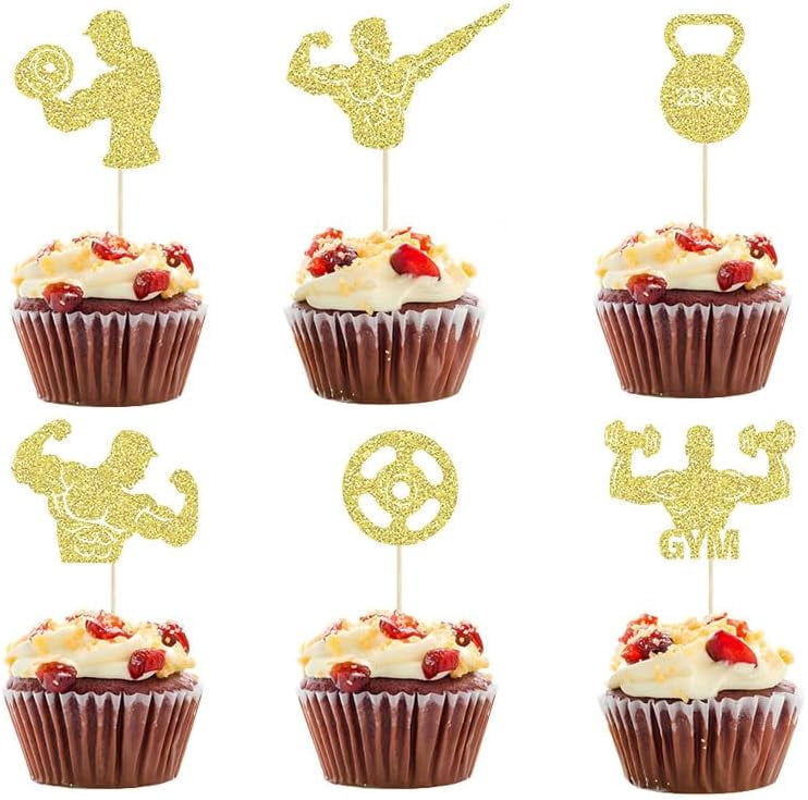 12pcs Fitness Theme Cupcake Toppers, Gold Glitter Dumbbells Kettlebells ...
