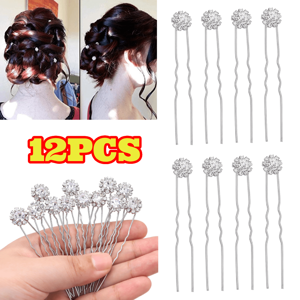 12pcs Flower Rhinestone Hair Pins for Women, Elegant Metal U Shaped ...
