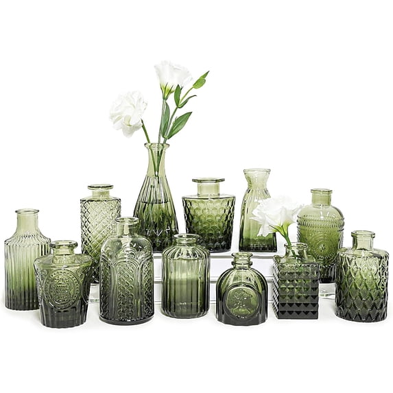 12pcs Glass Bud Vase Set, Small Green Flower Vases for Centerpieces in ...