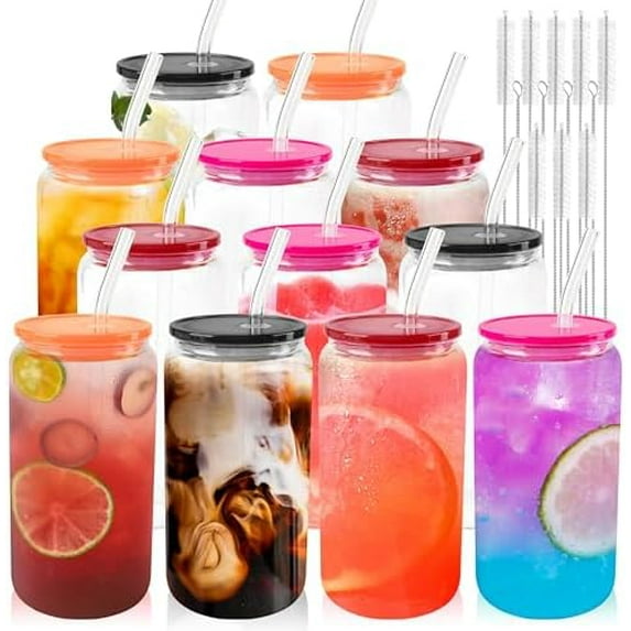 12pcs Glass Cups with Acrylic Lids and Straws 16 oz Can Shaped Glass ...