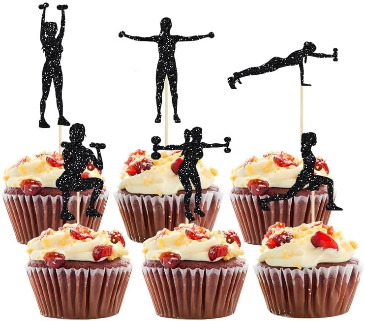 12pcs Glitter Black Gym Theme Cupcake Toppers Woman Fitness Dumbbells ...